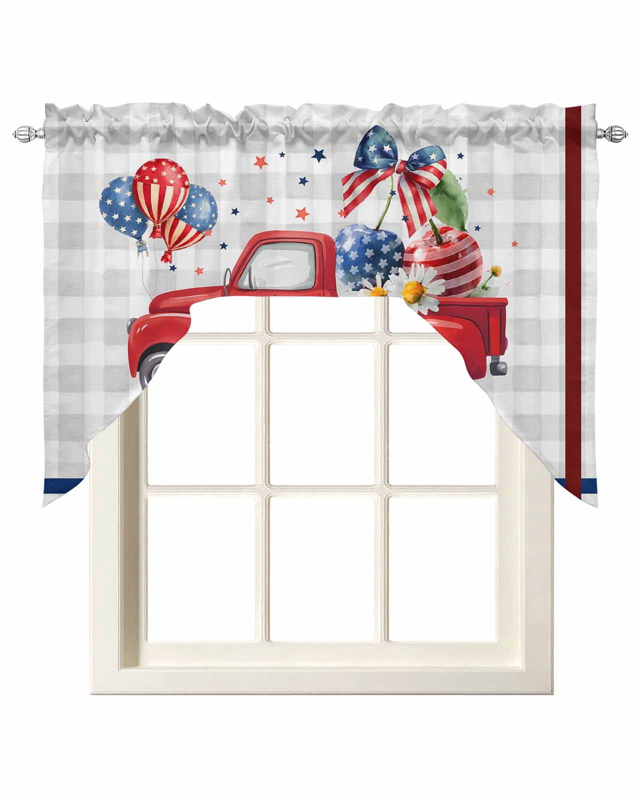 4th of July Kitchen Swag Valances for Windows, Red Truck Balloon Floral ...