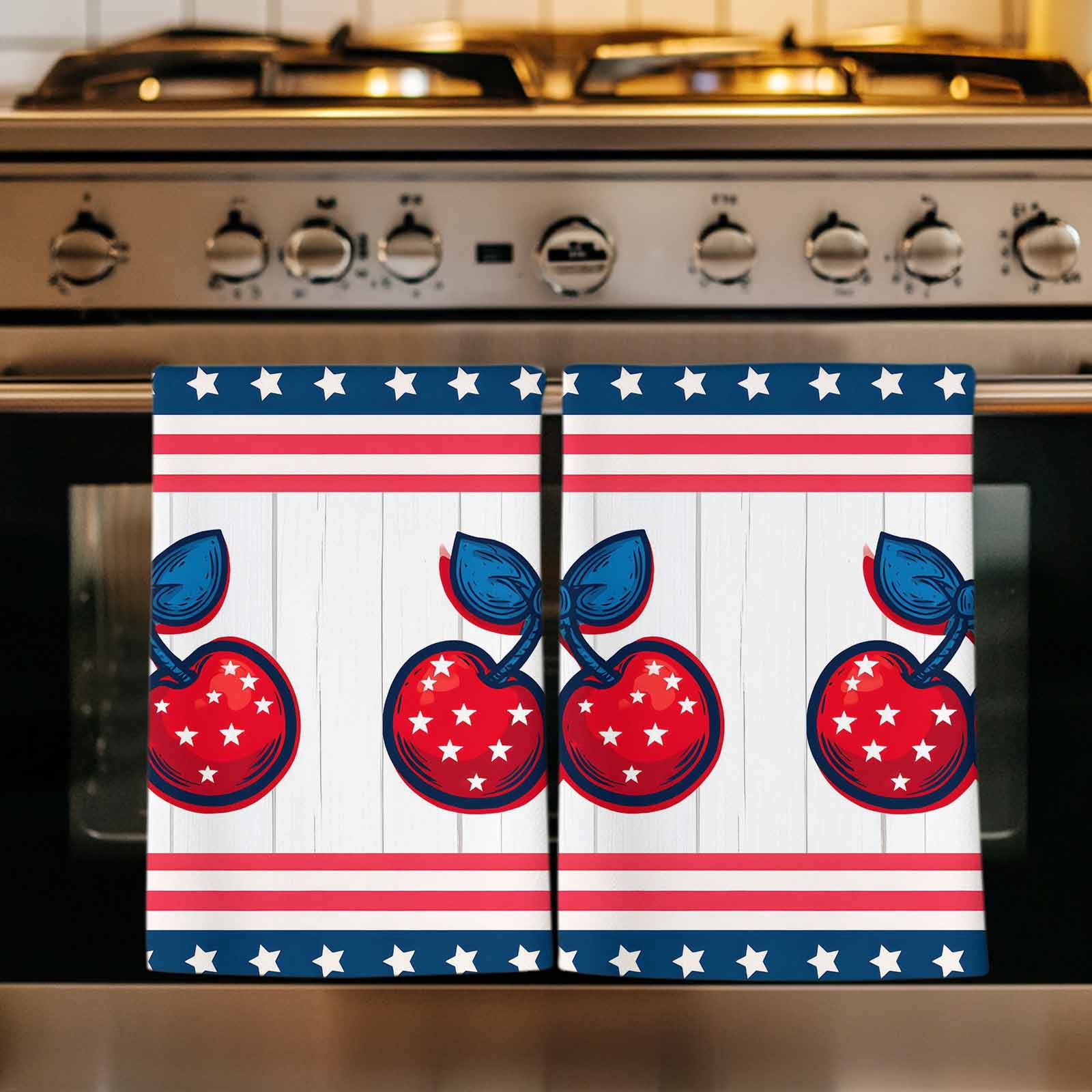 4th of July Kitchen Towels Set of 3, Cherry Patriotic Red Blue Stars ...