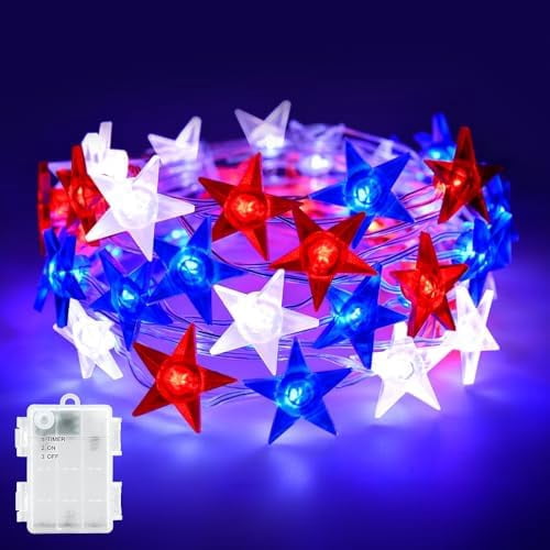 4th of July Lights Battery Operated, Red White and Blue Lights with ...