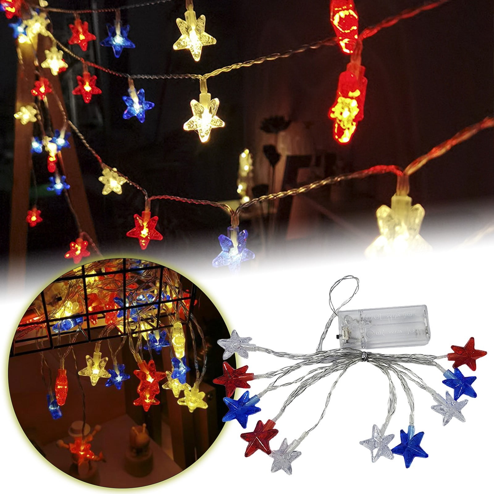 4th of July Lights Decorations - 10/20/40 LED Red White Blue Star ...