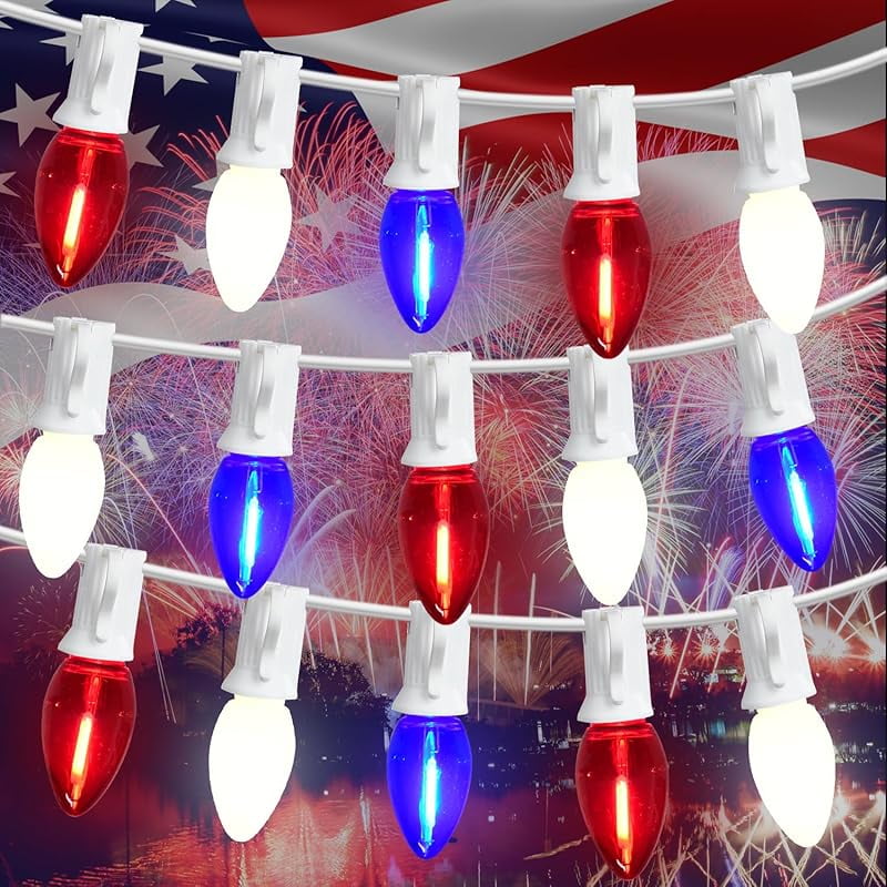 4th of July Lights Outdoor, Red White and Blue, 27.8Ft C7 String Lights ...