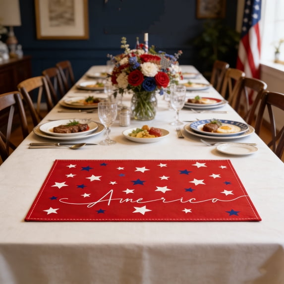 4th of July Linen Placemats Patriotic Red White Blue Stars Stripes ...