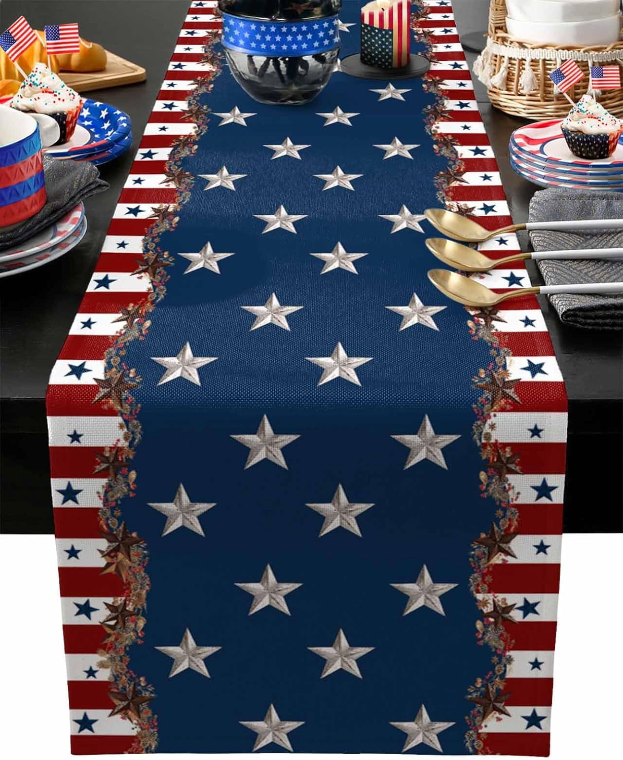 4th of July Linen Table Runner Dresser Scarves, Country Stars Red Blue ...