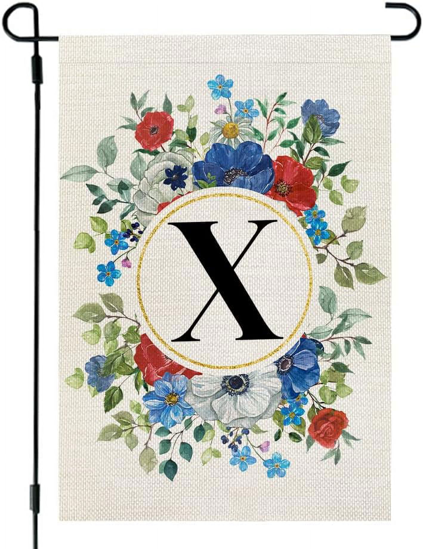 4th of July Monogram Letter X Patriotic Garden Flag Floral Double Sided ...