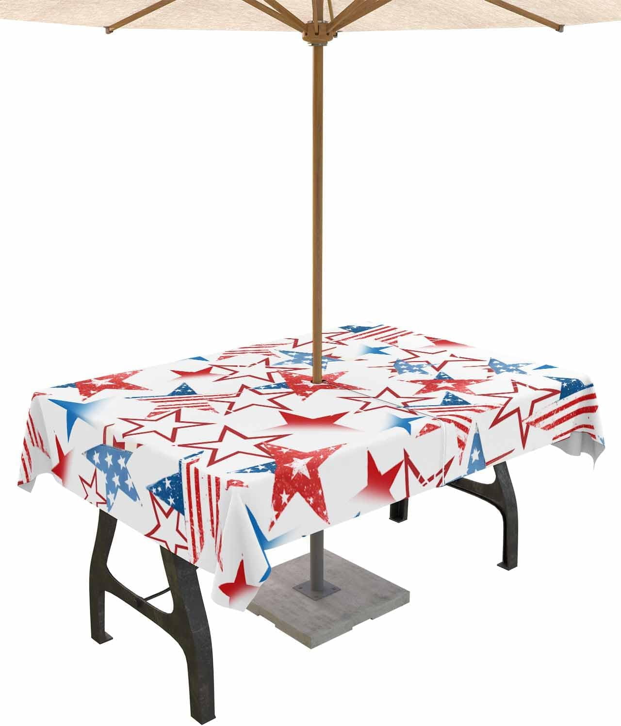 4th of July Outdoor Tablecloth with Umbrella Hole and Zipper Red White ...