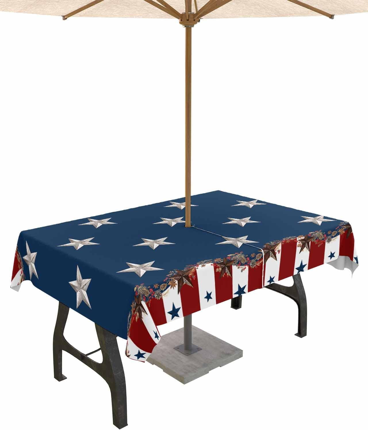 4th of July Outdoor Tablecloth with Umbrella Hole and Zipper Rustic ...