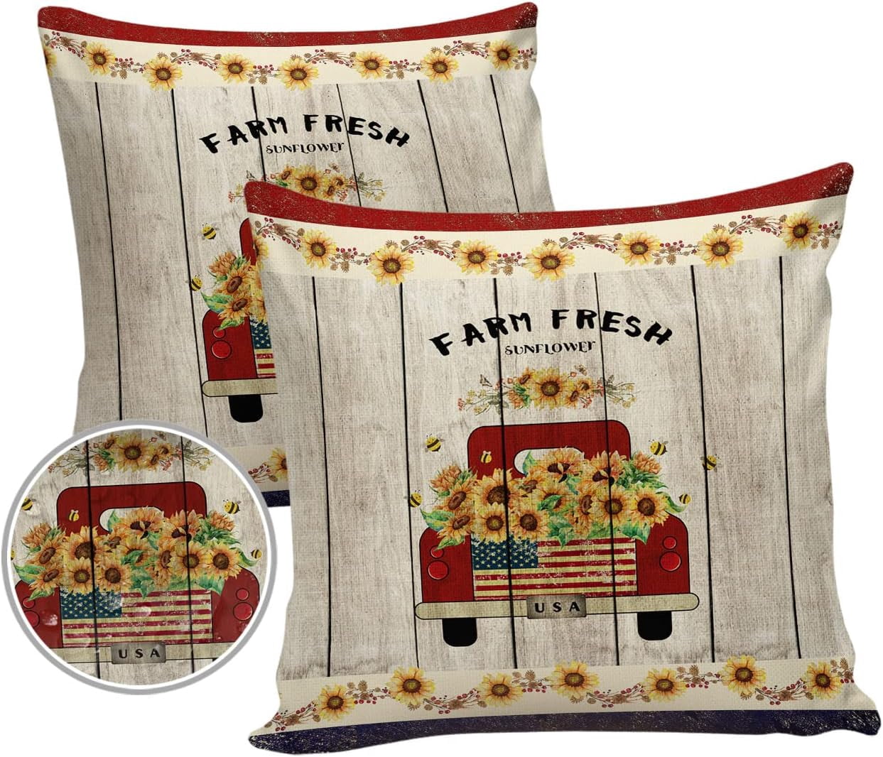 4th of July Outdoor Throw Pillow Cover Farm USA Truck Sunflower ...