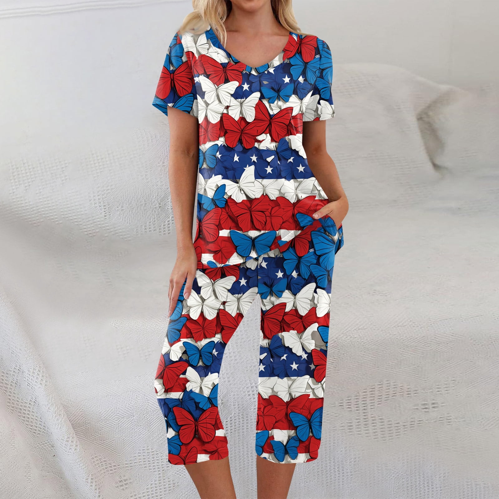4th of July Pajamas for Women Set Red Blue and White Stars Print ...