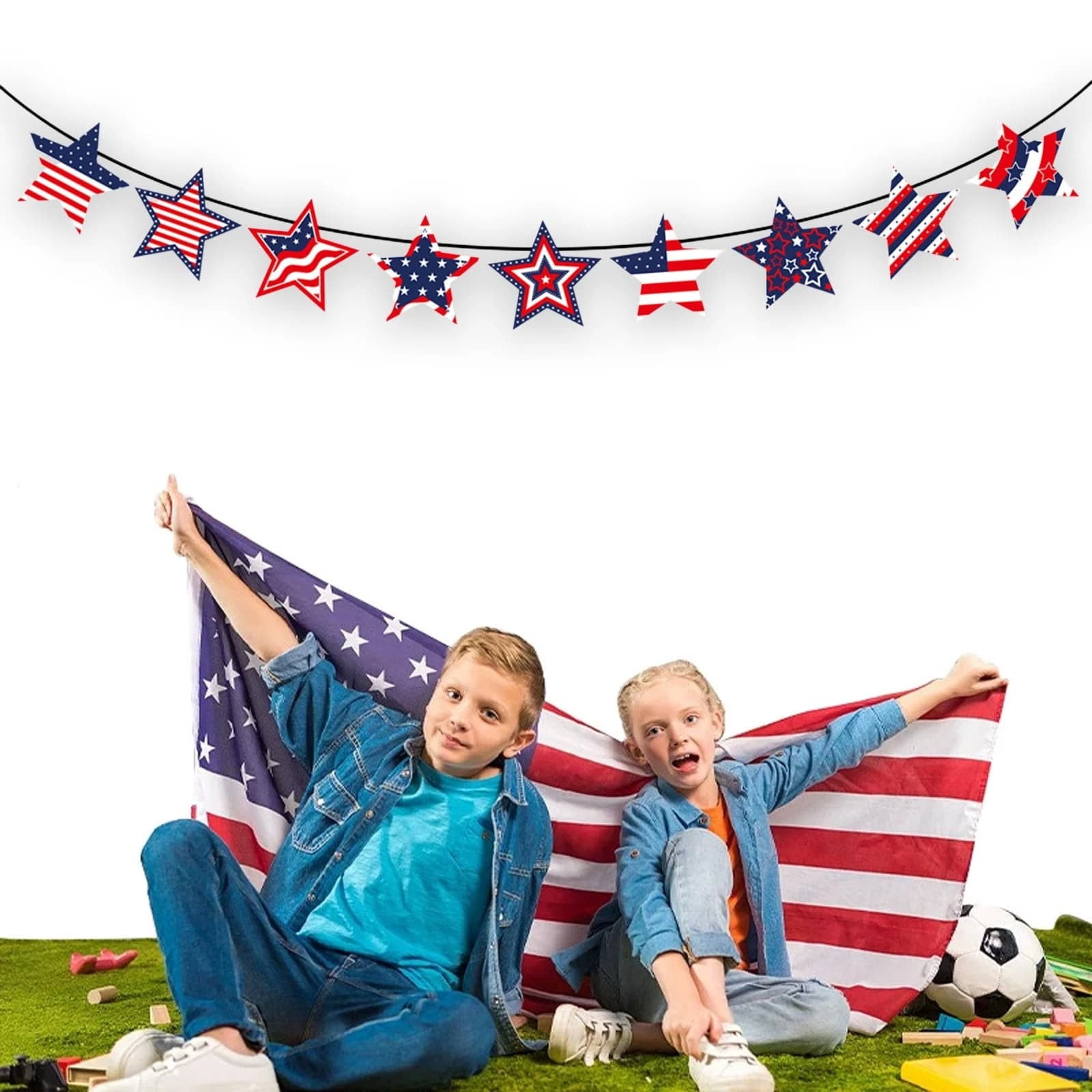4th of July Paper Star Flag Garland Banner - Red White Blue Hanging ...