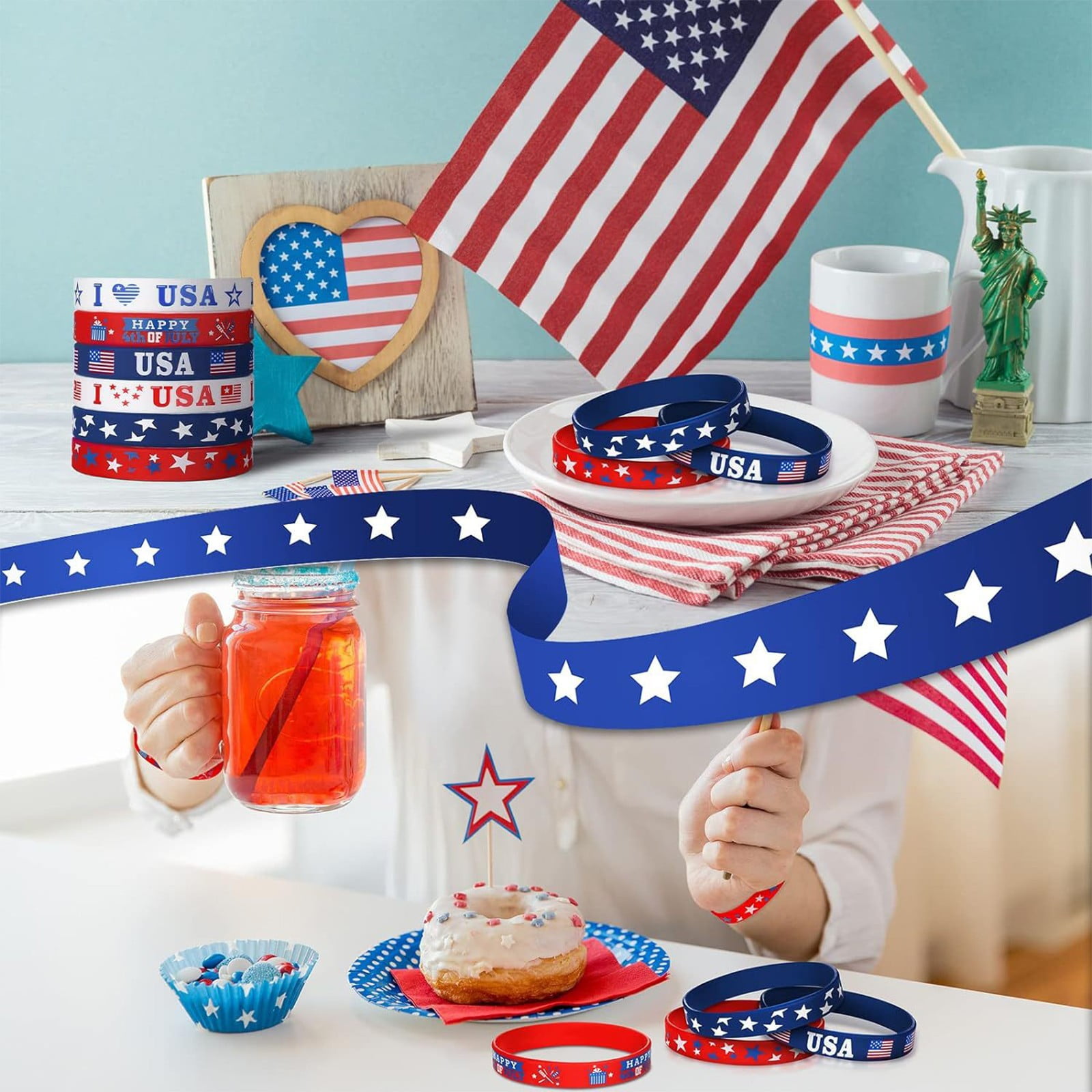 4th of July Party Favors Rubber Bracelets 6PCS USA American Flag Red ...