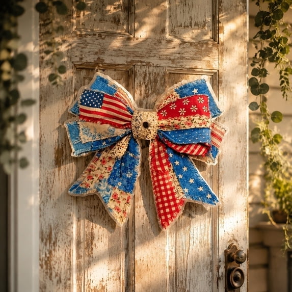4th Of July Patchwork Bow Independence Day Ribbon Decor, Patriotic Red ...