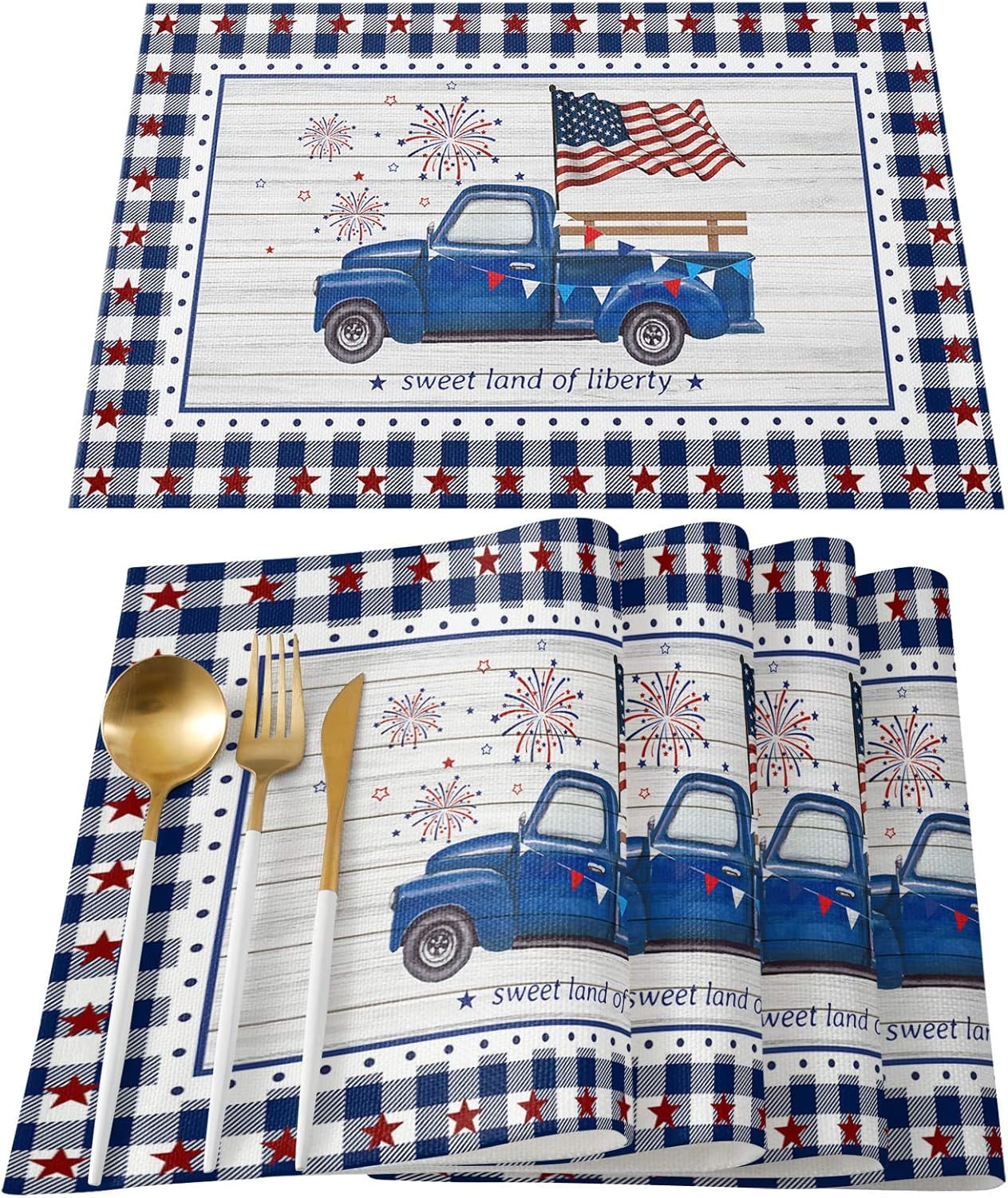 4th of July Patriot Placemats Set of 6 Truck USA Flag Independence Day ...