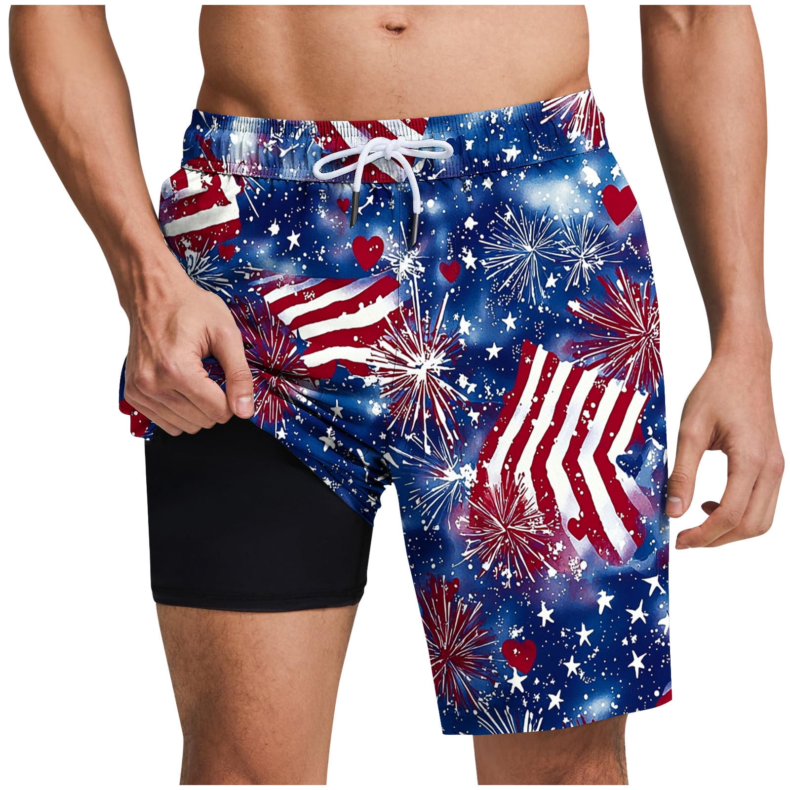 4th of July Patriotic Beach Shorts Hawaii Swim Trunk Knee Length ...