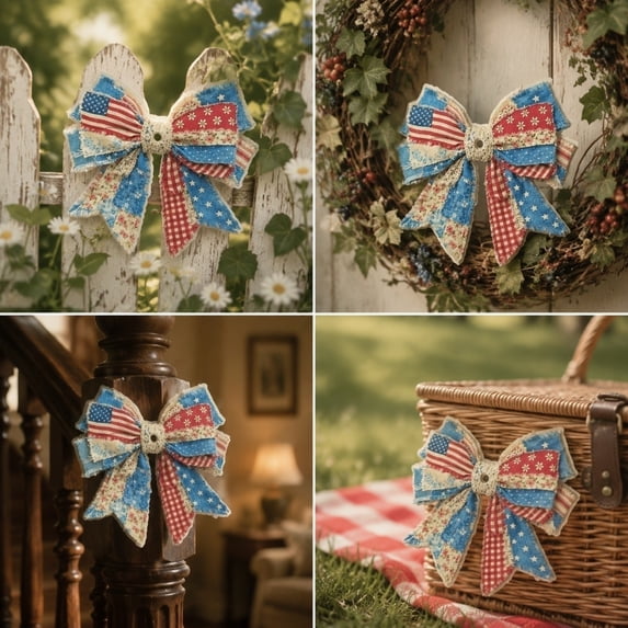 4th Of July Patriotic Bow Wreath Ribbon Decor Clip On Shapeable Wired ...