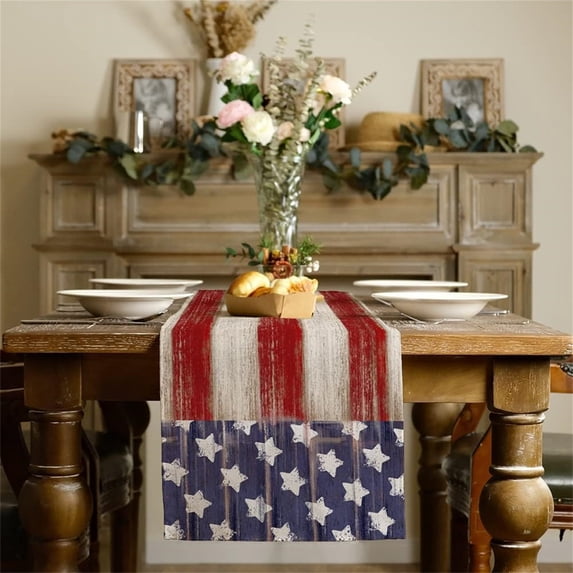 4th of July Patriotic Burlap Table Runner, Star American Flag Stripe ...