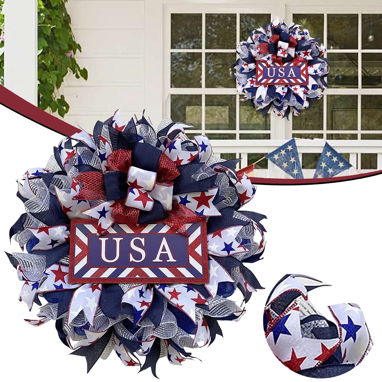 4th of July Patriotic Deco Mesh Wreath, Stars & Stripes Ribbon Wreath ...