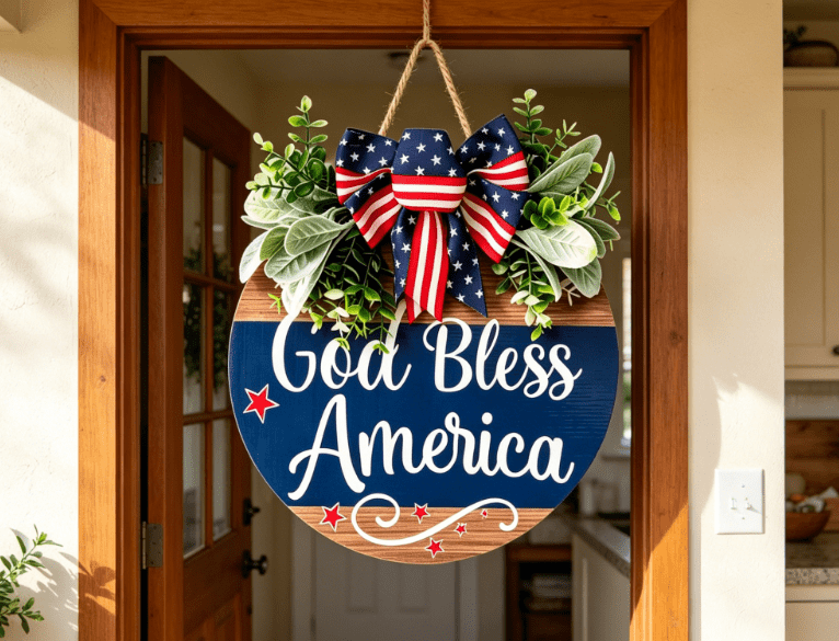 4th of July Patriotic Door Sign God Bless America Memorial Day Wreath ...