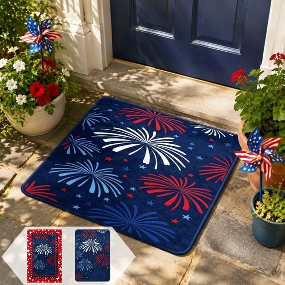 4th of July Patriotic Doormat, 16"x24" Red White Blue Stars & Fireworks ...