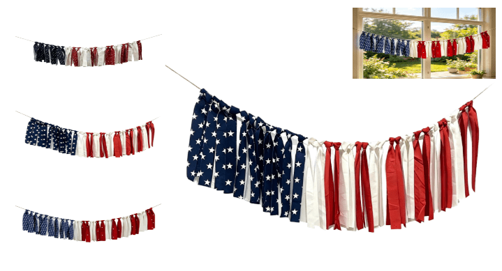 4th of July Patriotic Fabric Tassel Banner, Red White & Blue Vintage ...