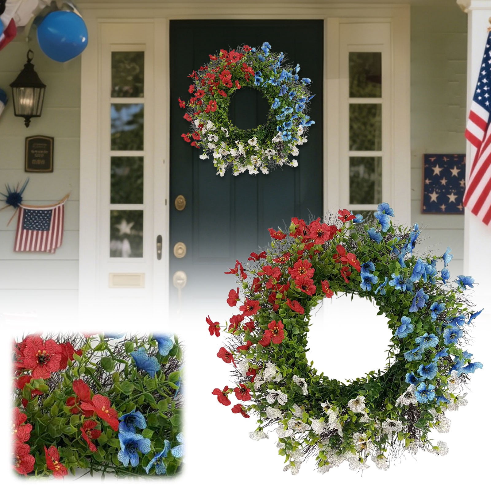 4th of July Patriotic Floral Wreath, 45cm/17.72in Red White Blue ...
