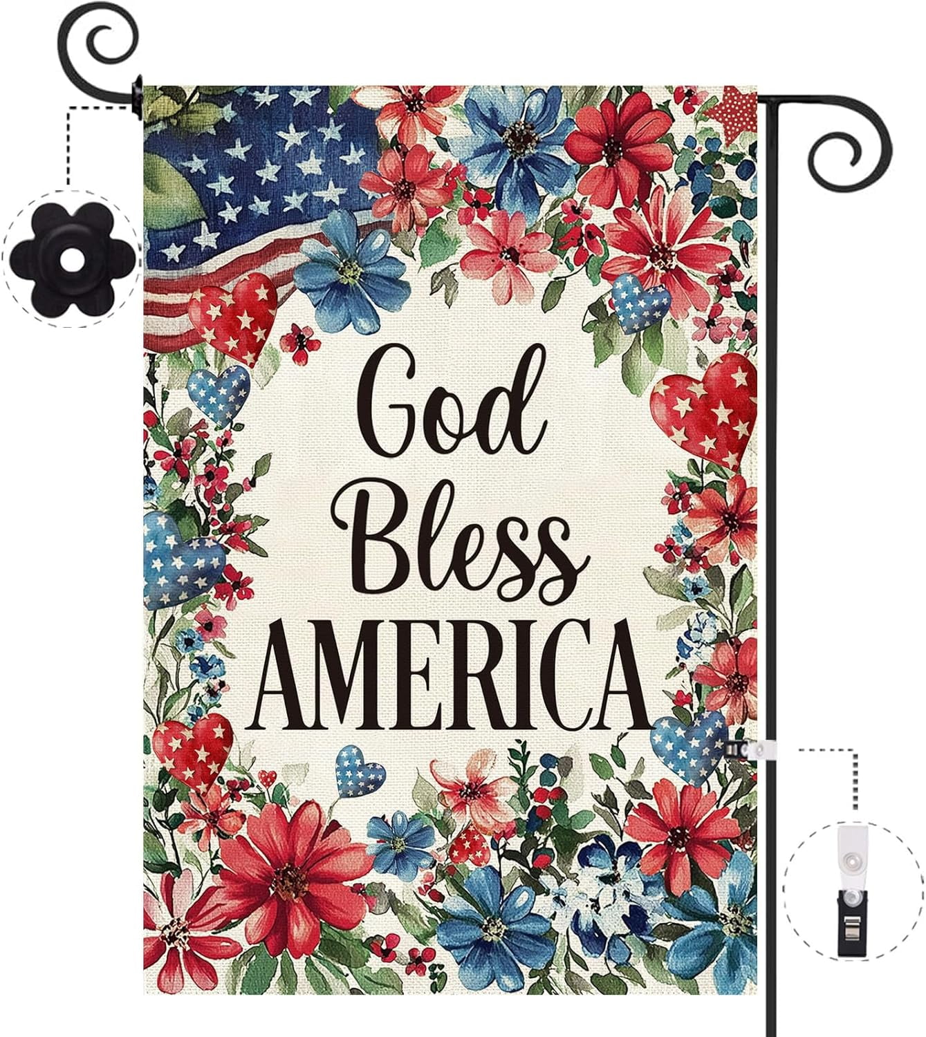4th of July Patriotic Garden Flag 12.5 x 18 Inch Double Sided Burlap God Bless America Floral ...