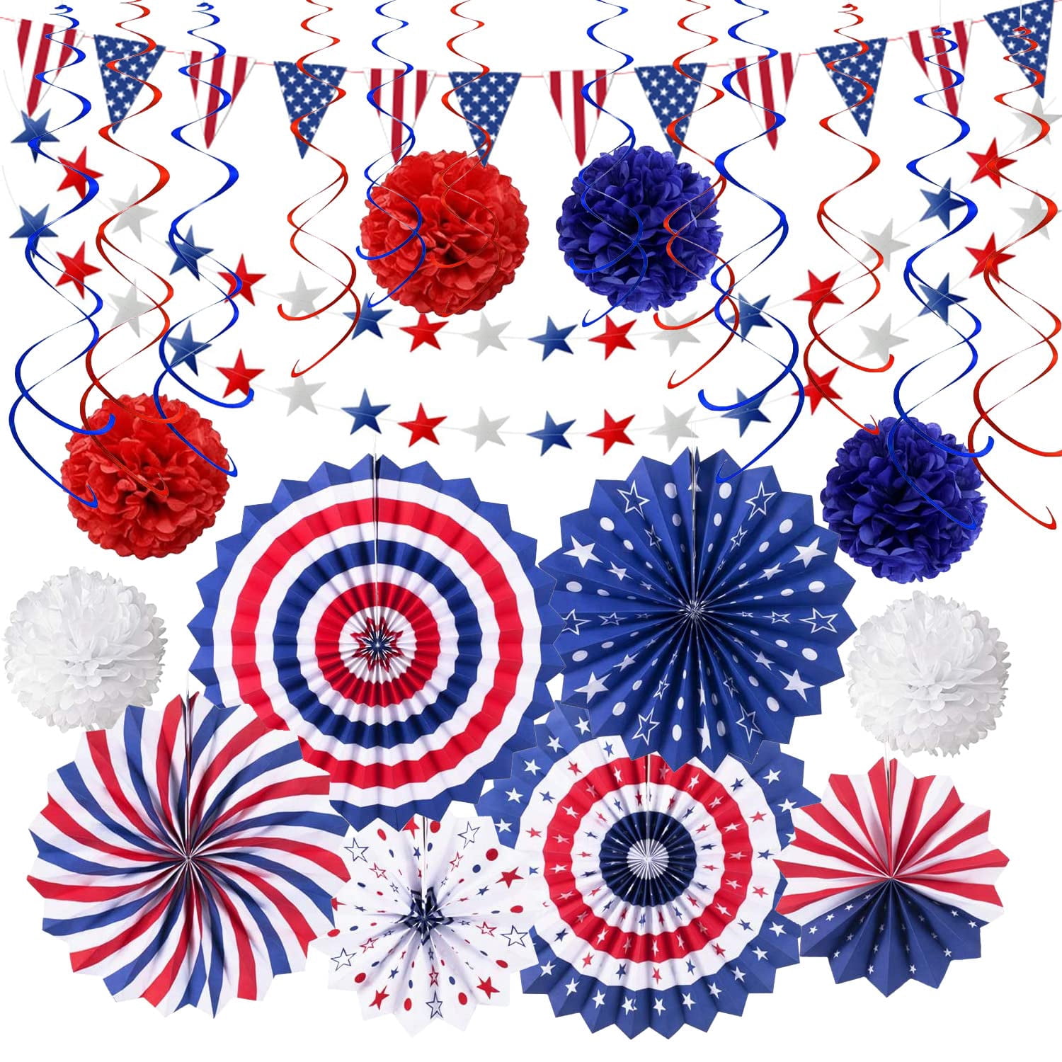 4th of July Patriotic Party Decorations 27 PCS 6 Paper Fan, 6 Flower ...