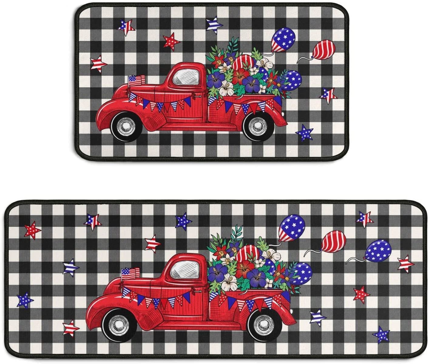 4th of July Patriotic Red Truck Kitchen Rugs Set 2Pcs Non Skid Buffalo ...