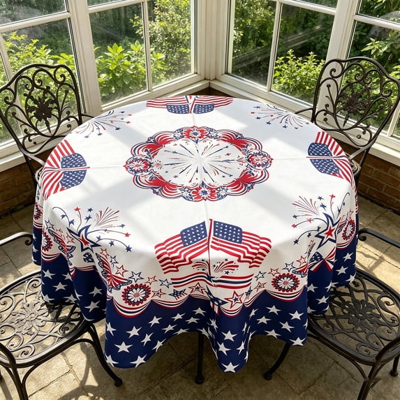 4th of July Patriotic Round Tablecloth, 60" Memorial Day Red Blue Star ...