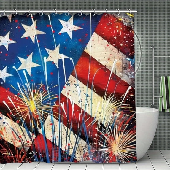 4th of July Patriotic Shower Curtain Fireworks Burst over American Flag ...