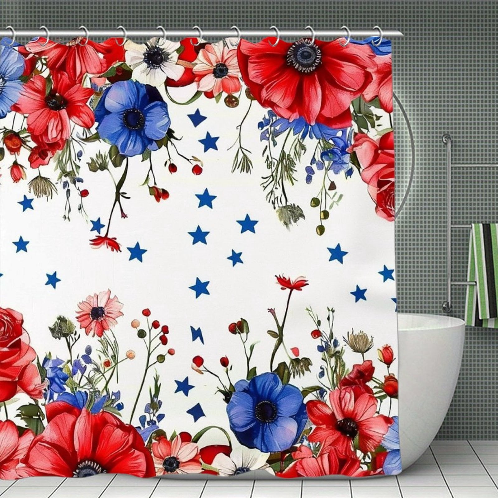 4th of July Patriotic Shower Curtain Floral Stars Border Frame Bathroom ...