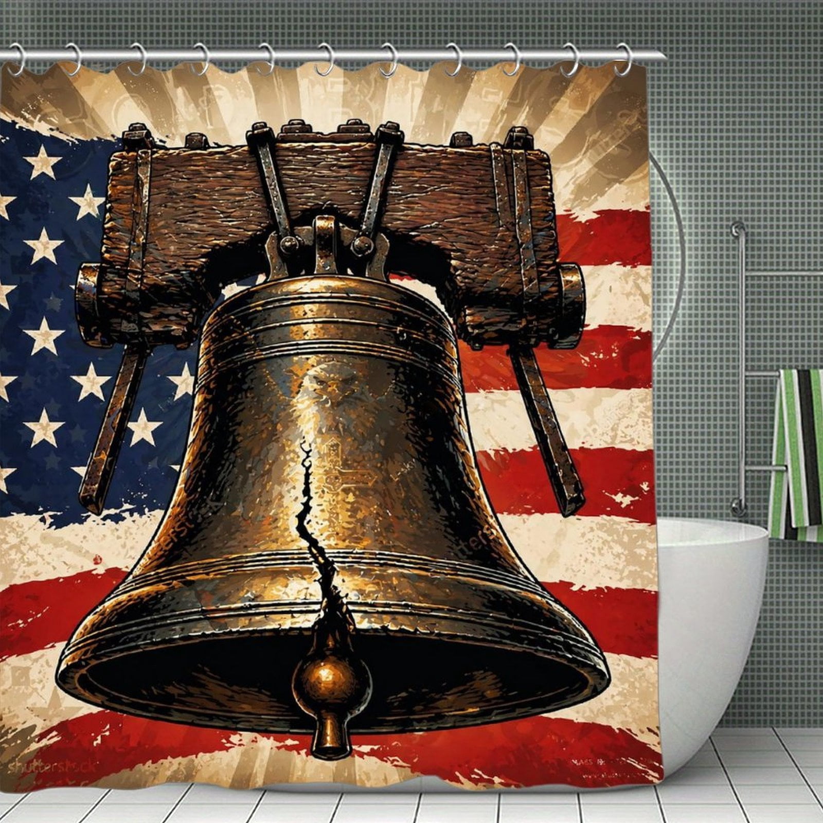 4th of July Patriotic Shower Curtain Golden Liberty Bell With American ...