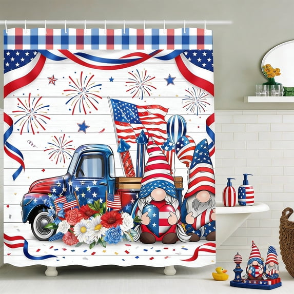 4th of July Patriotic Shower Curtain with Hooks,Farmhouse Gnomes Truck ...
