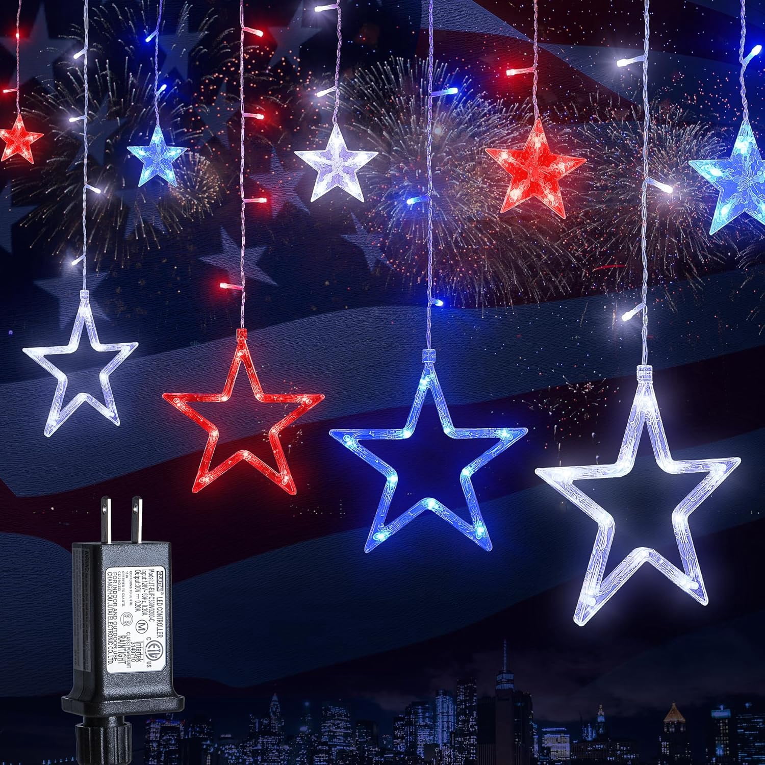 4th of July Patriotic Star Icicle Lights,8.2ft 126LED red White and ...