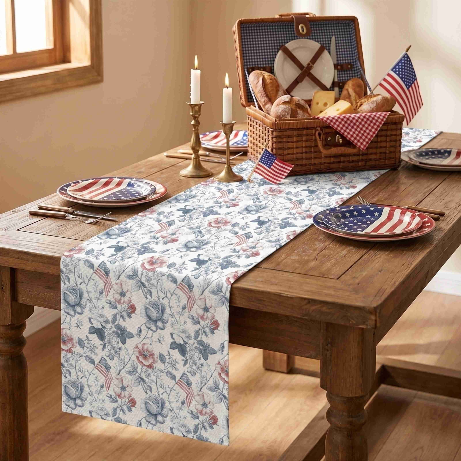 4th of July Patriotic Table Runner, Linen Wrinkle Resistant Rectangular ...
