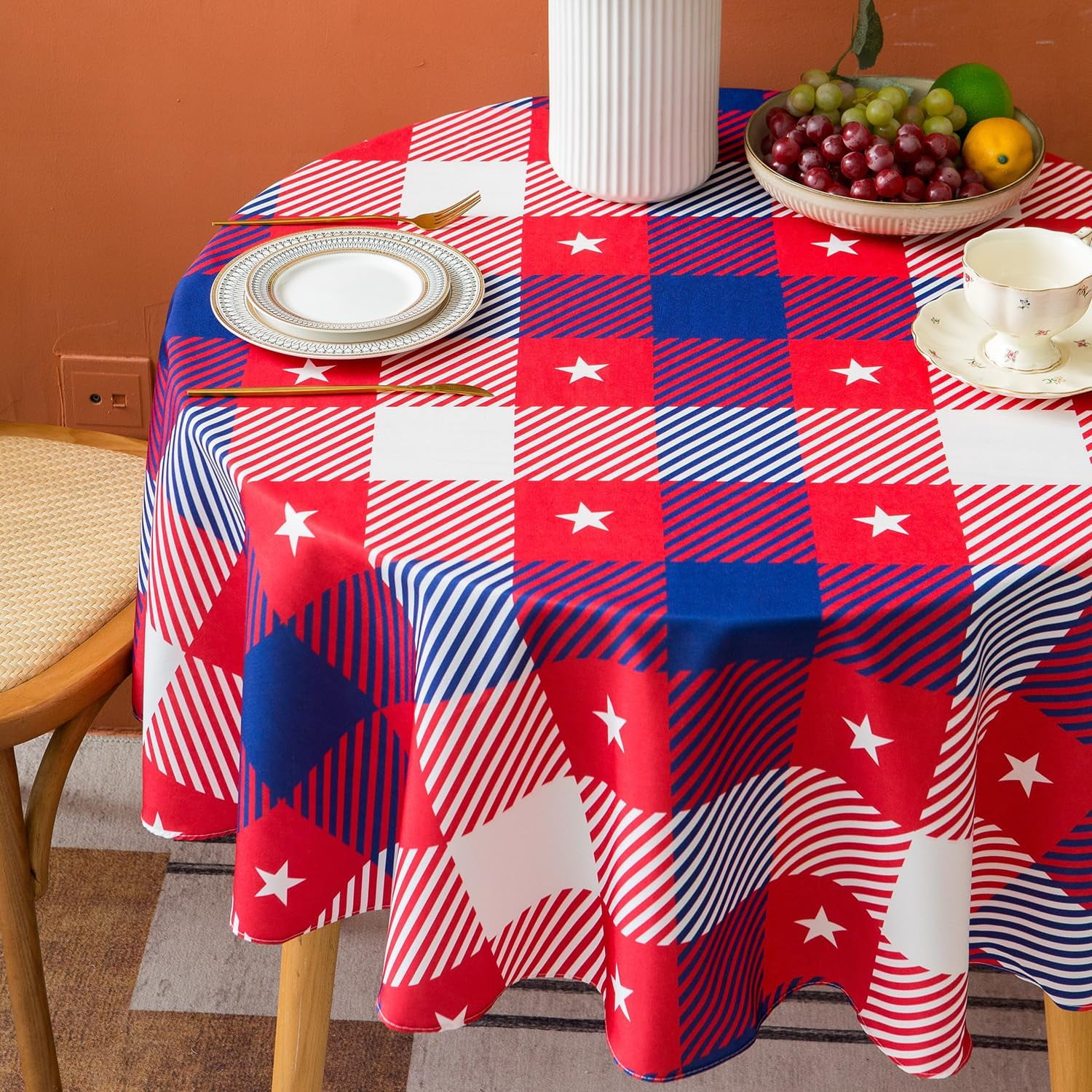 4th of July Patriotic Tablecloth Red Blue Checkered Round Tablecloth ...