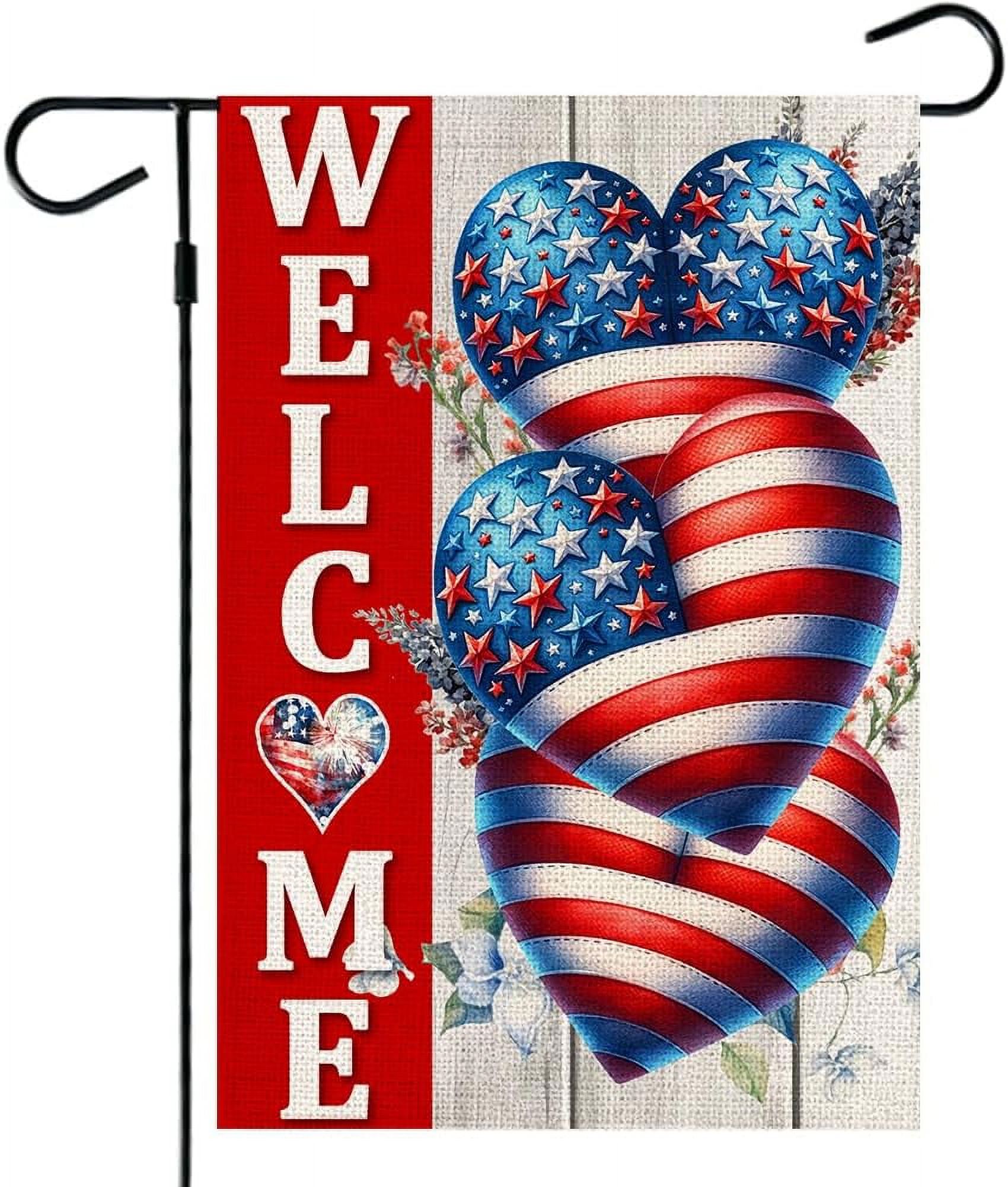 4th of July Patriotic Welcome Garden Flag, Double Sided USA Flag Hearts ...