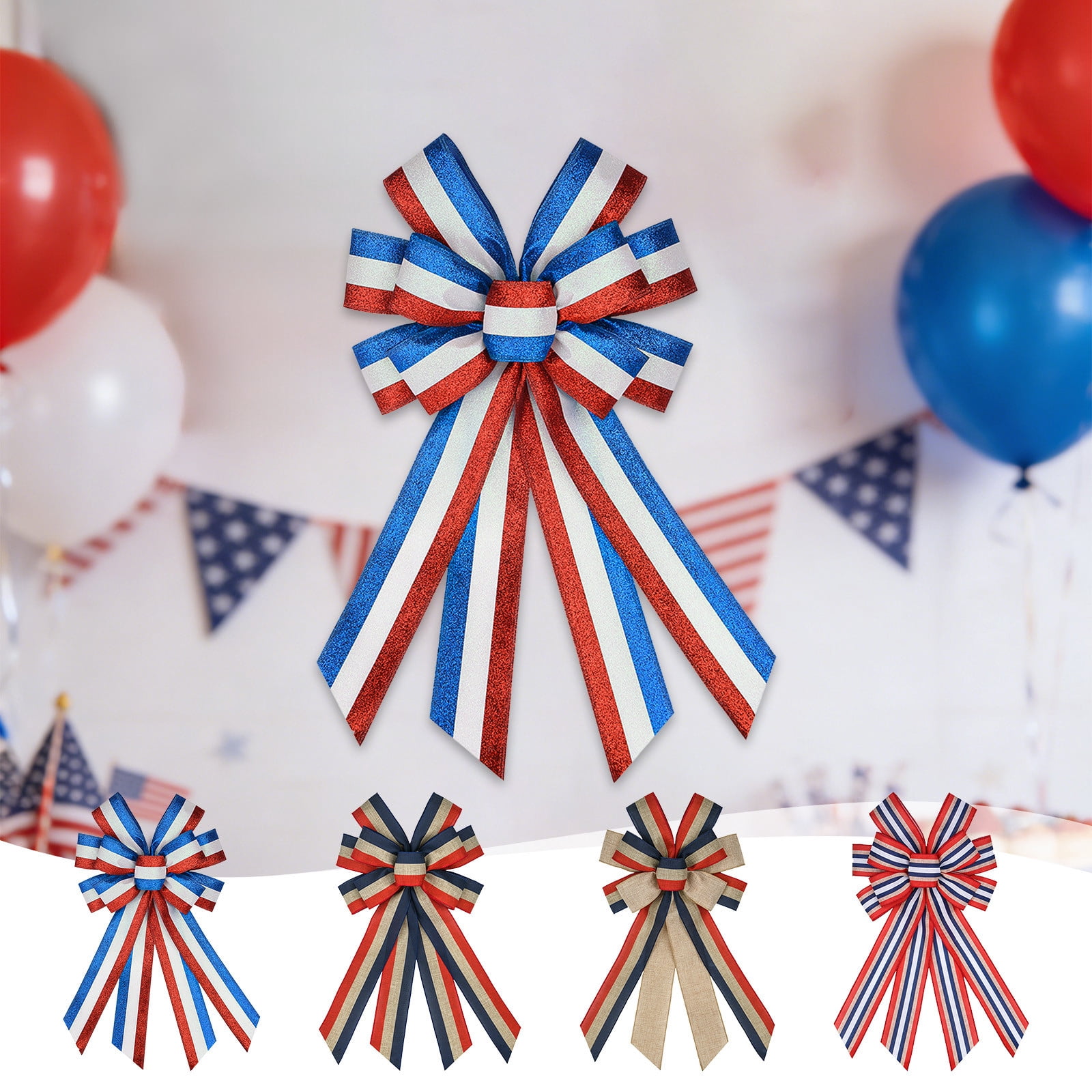 4th of July Patriotic Wired Edge Ribbon Bow, Red White Blue Durable ...
