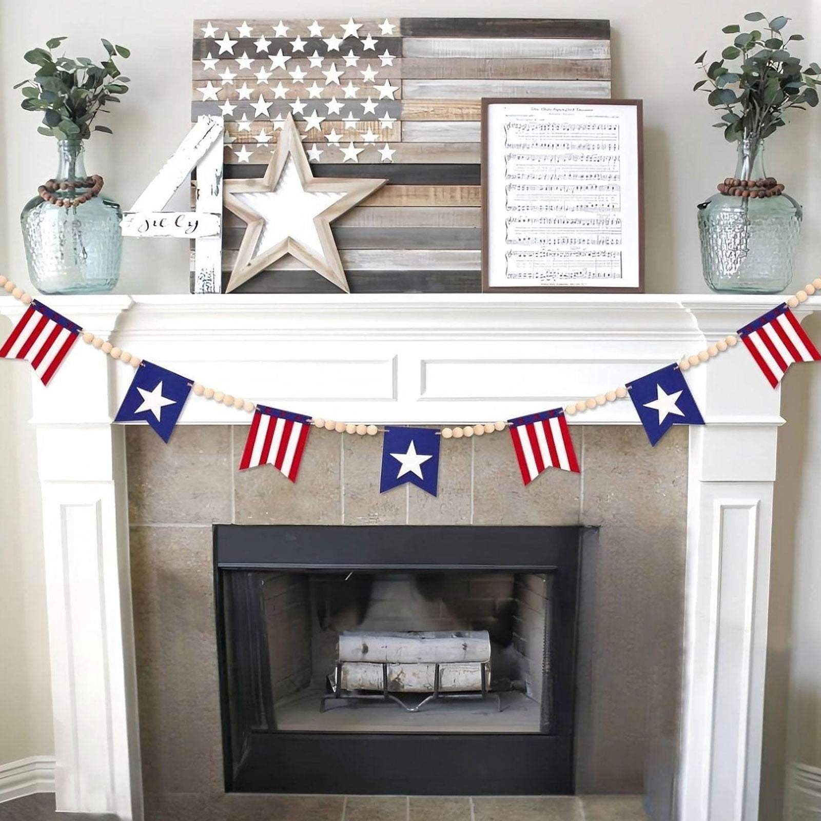 4th of July Patriotic Wood Bead Garland,Red White and Blue Felt Flag ...