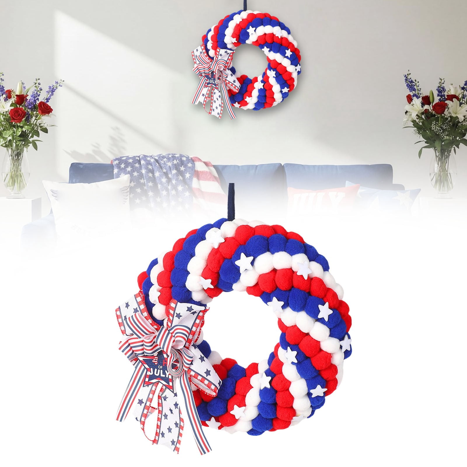 4th of July Patriotic Wreath, 38CM Red White Blue Spiral Pattern Wreath ...