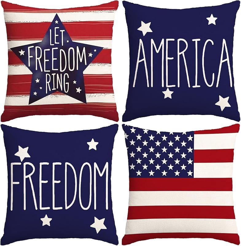 4th of July Pillow Covers 18x18 Inch,Set of 4 Patriotic Red White Blue ...