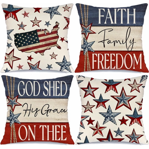 4th of July Pillow Covers 18x18 Set of 4 Faith Family Freedom Stars USA ...
