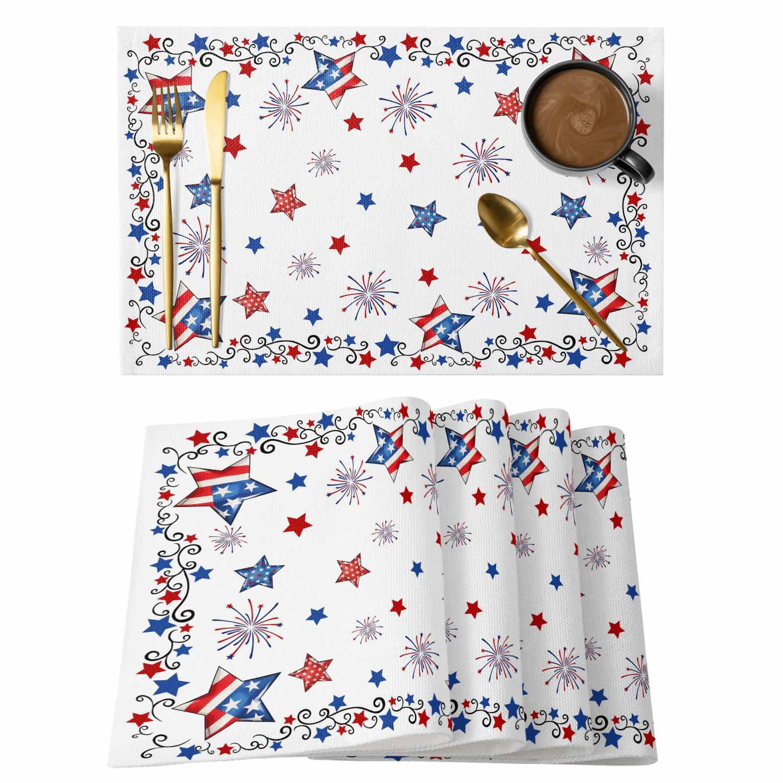 4th of July Placemats Set of 12, Independence Day Blue Red Star ...