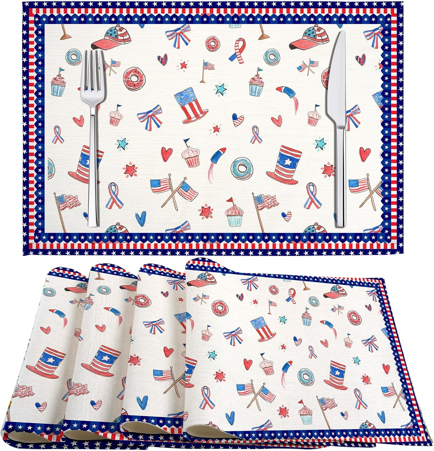 4th of July Placemats Set of 4, 12x18 Inch America Flag Stars Stripe ...