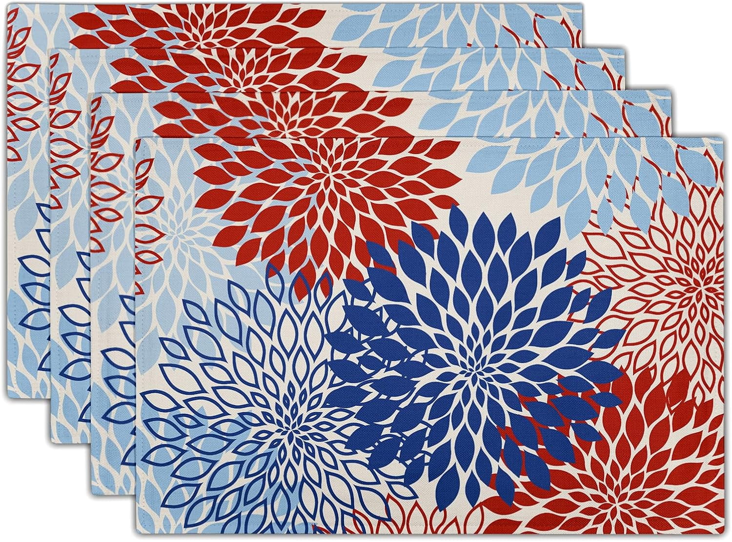 4th of July Placemats Set of 4, 12x18 Inch Red Blue Dahlia Floral ...