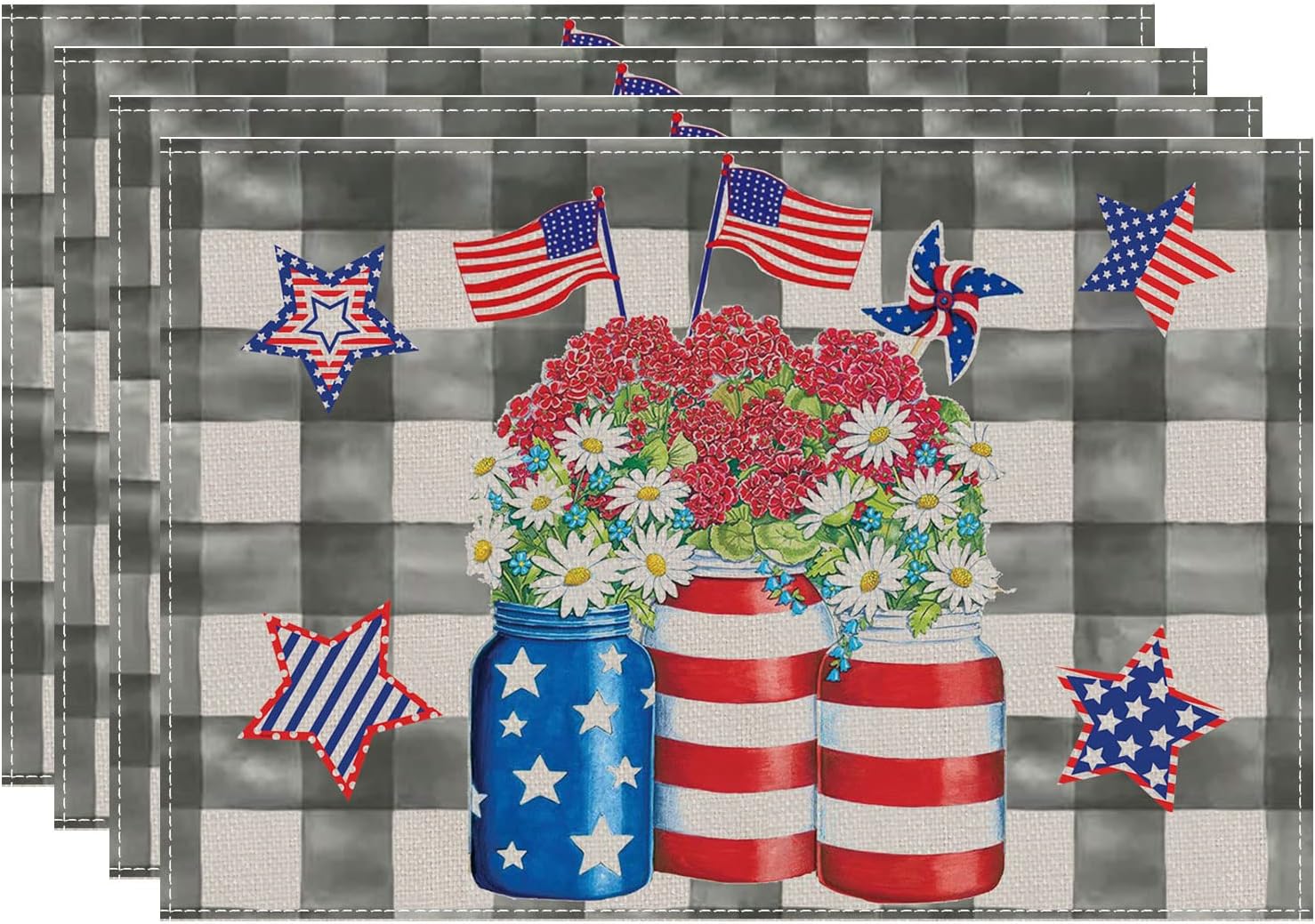 4th of July Placemats Set of 4 Floral Buffalo Plaid Stars Patriotic ...