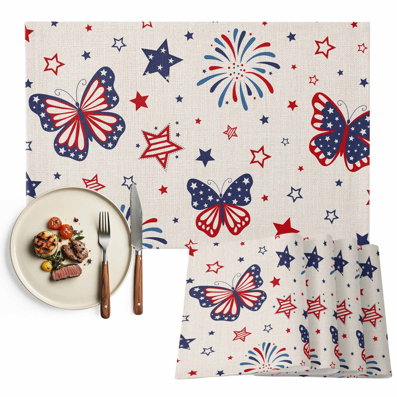 4th of July Placemats Set of 4, Patriotic Butterflies Fireworks Stars ...