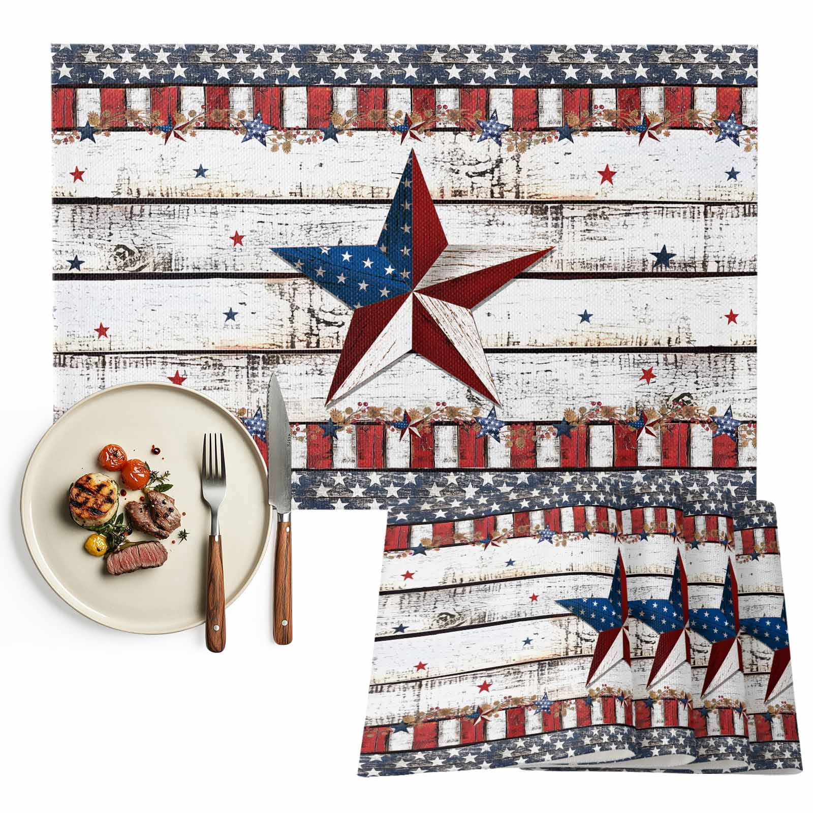 4th of July Placemats Set of 4, Patriotic Farmhouse Barn Star Table ...
