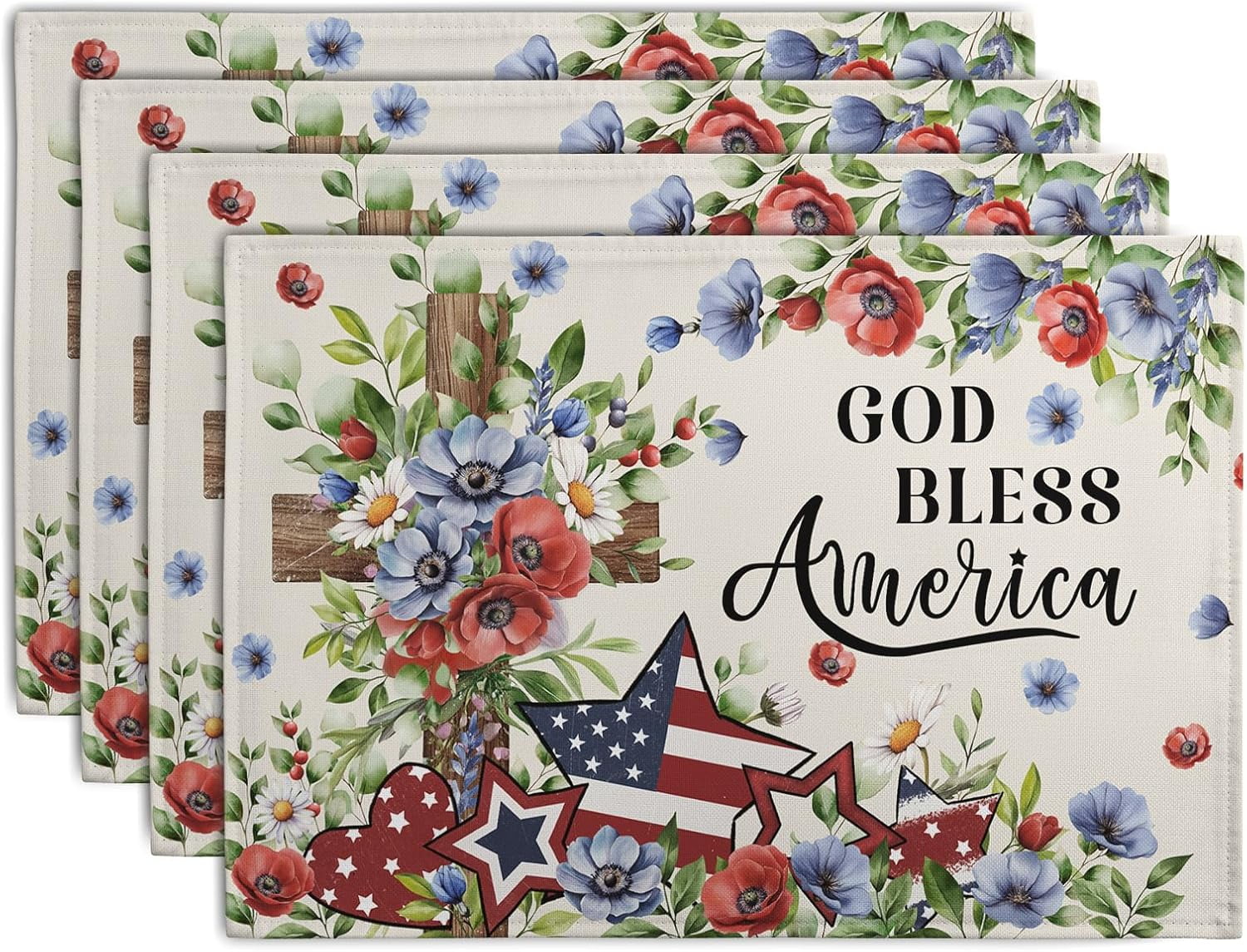 4th of July Placemats Set of 4 Patriotic Floral Cross Stars ...