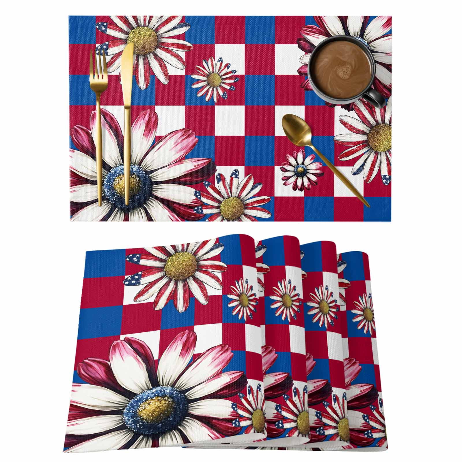 4th of July Placemats Set of 4 Red Blue Plaid Spring Floral ...