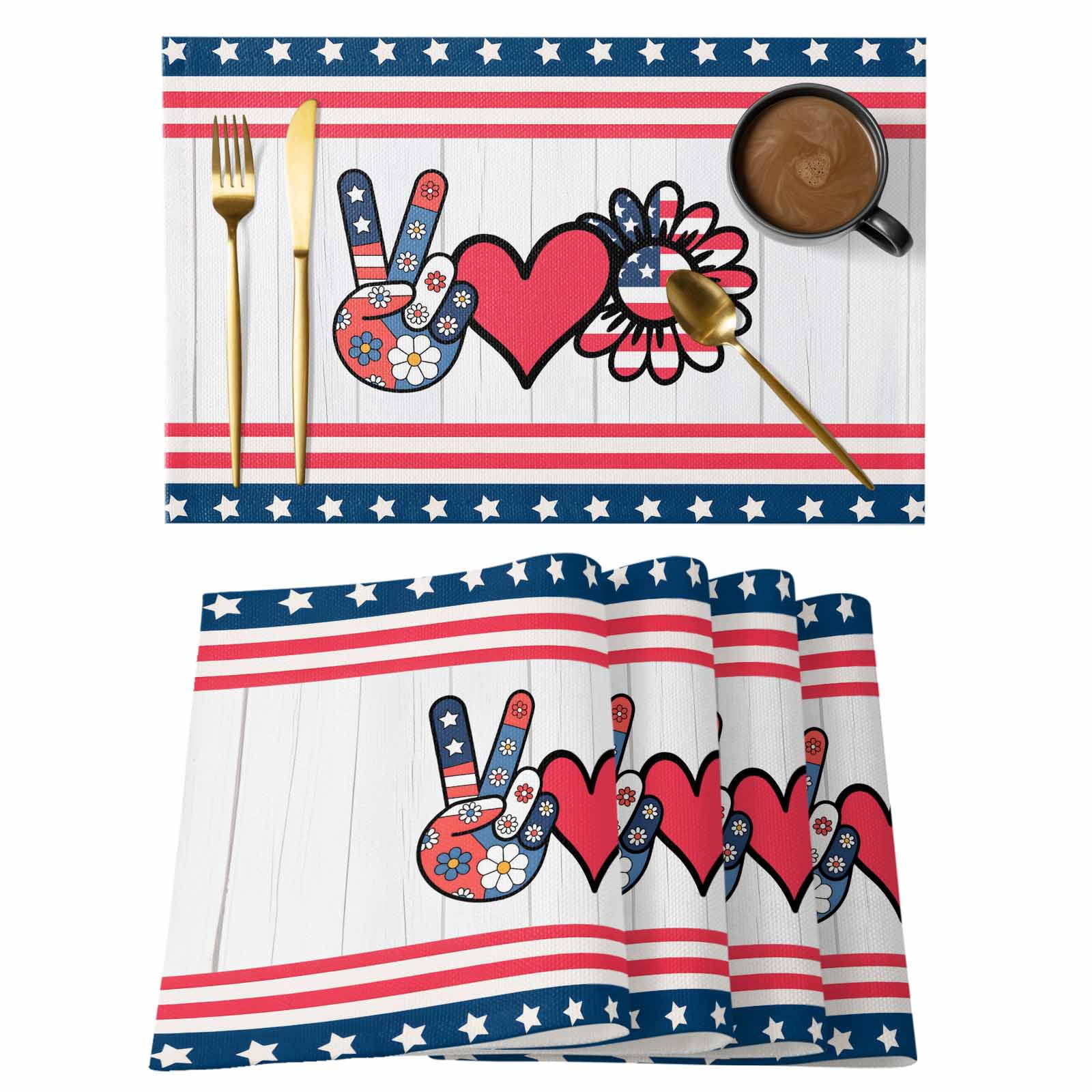 4th of July Placemats Set of 6 American Flag Patriotic Red Blue Stars ...